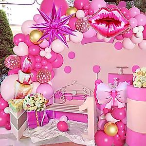 145Pcs Princess Pink Balloon Garland Arch Kit, Hot Pink Confetti 4D Star Lipstick Kiss Bow Balloons for Girls Women Valentines Bridal Baby Shower Makeup Bachelorette Princess Birthday Party Decors