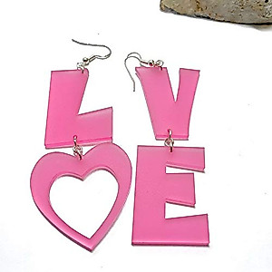 Letters Love Dangle Earrings Love Heart Pink Acrylic White Silver Metal Hoop Fashion Earrings for Women-Pink Acrylic