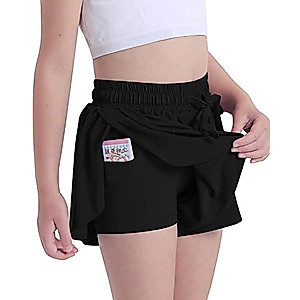 Flowy Shorts for Teen Girls with Spandex Liner 2-in-1 Youth Butterfly Skirts Tennis Running Fitness Sports Dance Skort Black 7-8Years