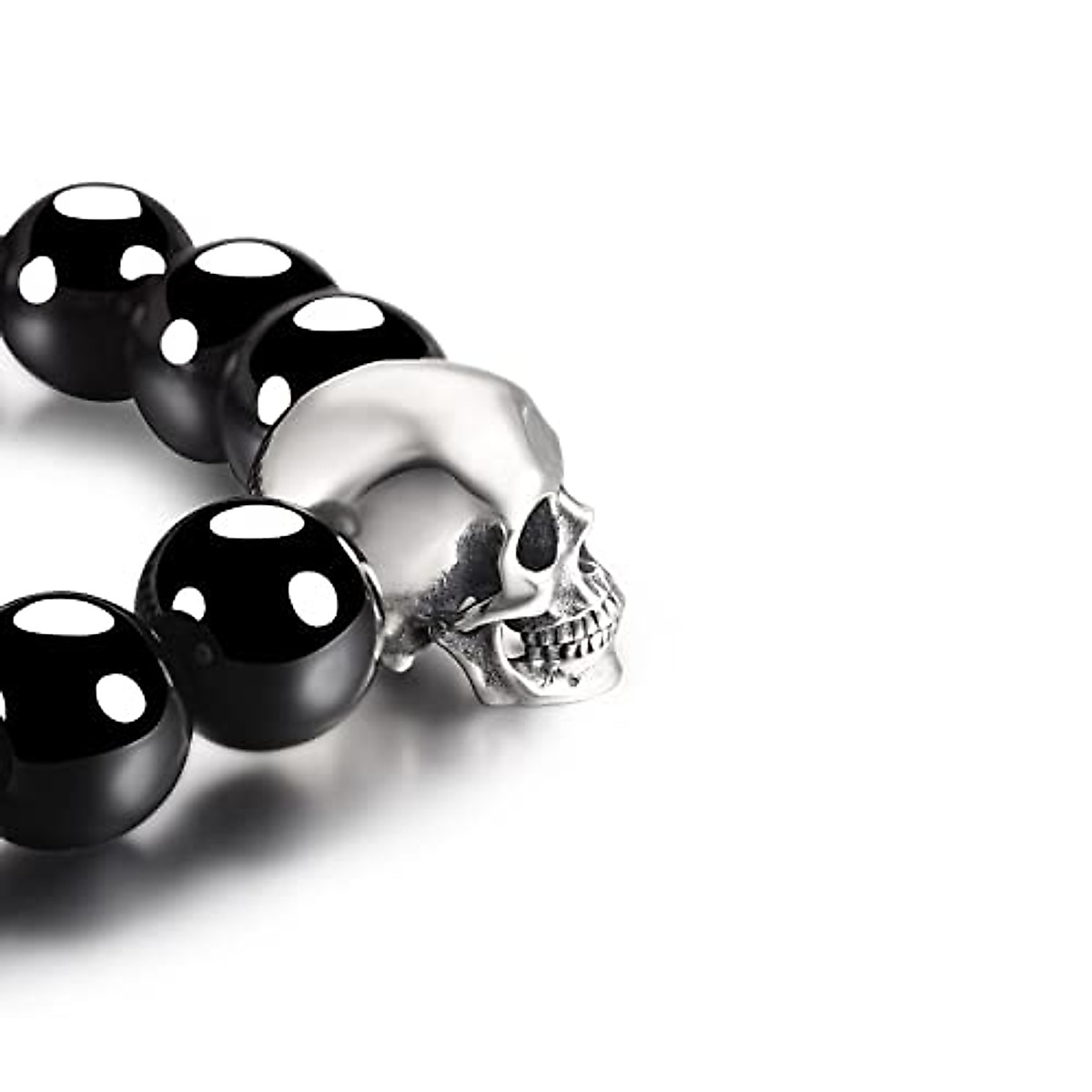 Skullis 0.7" 925 Sterling Silver Carved Skull & Black Obsidian Beads Bracelet, Crystal Healing. (M, Fit wrist size: (171-186) mm)