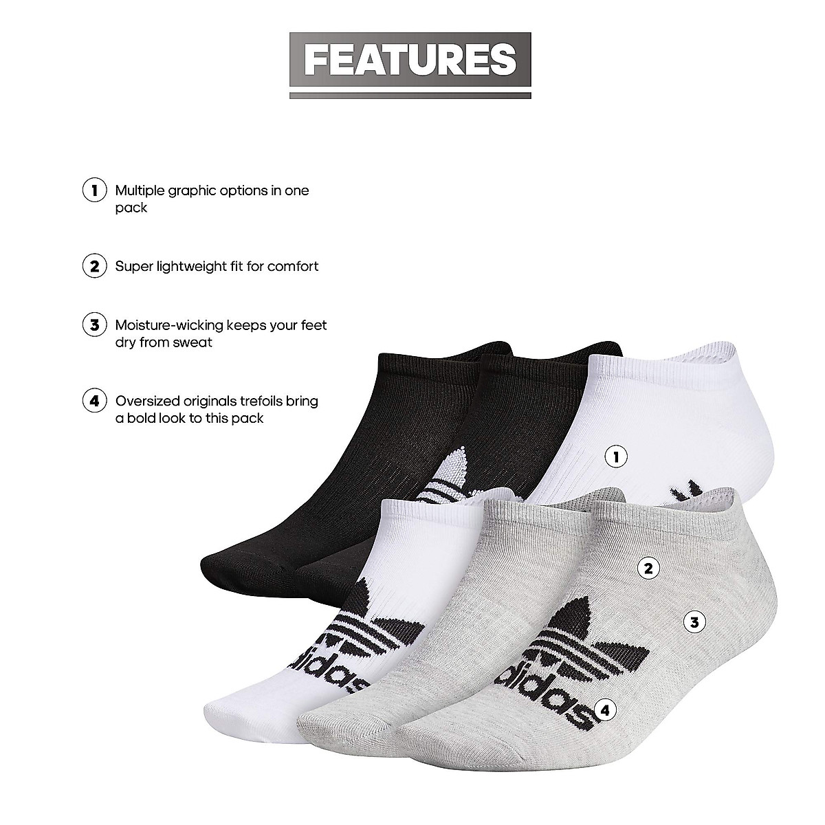 adidas Originals Men's Classic Trefoil Superlite No Show Socks (6-Pair), Heather Grey/White/Black, Large