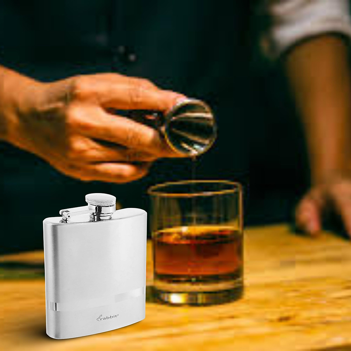 Rabbit Polished 6 Fl. Oz. Stainless Steel Pocket Flask, 18/8 Stainless Steel, Leak-Proof, Portable Hip Flask for Liquor - Discreet Alcohol Flask, Dishwasher Safe