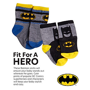 DC Comics Baby Boys/Girls 12 Pack Socks: Batman, Wonder Woman, Superman, Justice League, Super Girl, Size Age 6-12M, Blue/Yellow/Black Batman