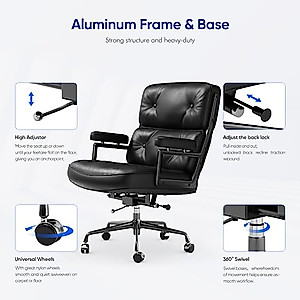 Office Chair- Aluminum Arms Thickened Backrest Lumbar Support, Executive Desk Chair, Genuine Grain Leather Thick Padded Strong Aluminum Base Quiet Wheels, Ergonomic Mid Back Leather Computer Chair