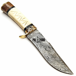 PAL 2000 KNIVES BOW-9482 Handmade Damascus Steel Fixed Blade Hunting Knife Camel Bone Handle with Sheath