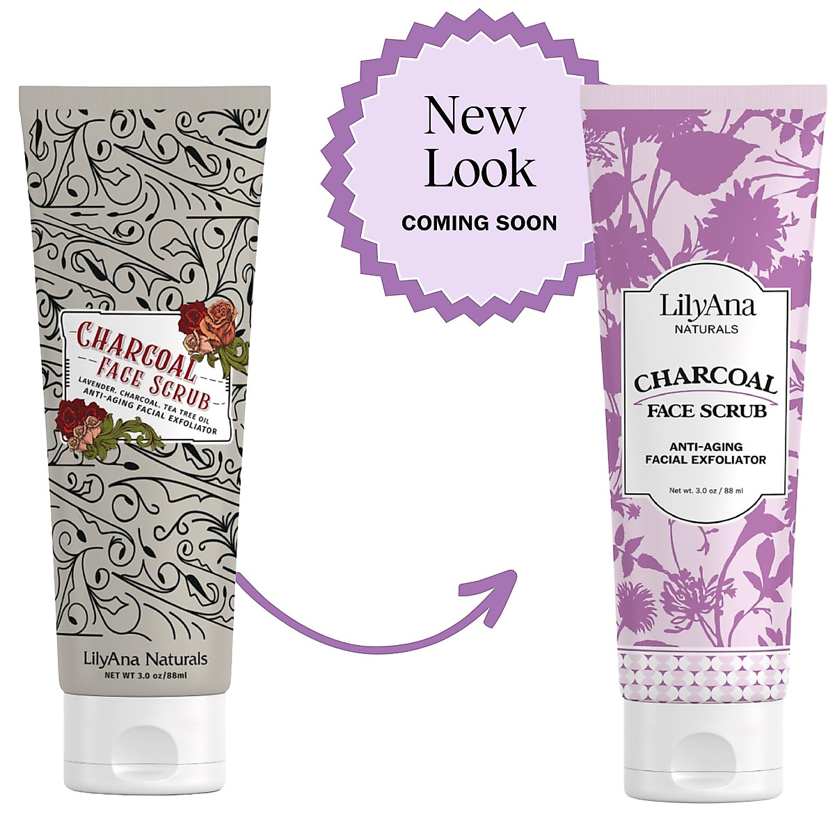 LilyAna Naturals Charcoal Face Scrub - Facial Exfoliator - Microdermabrasion Scrub - Facial Skin Care Products for Women and Men - Lavender and Tea Tree Oil - 3oz