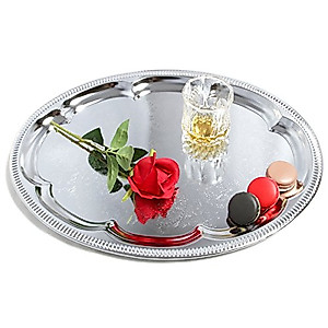 Maro Megastore (Pack of 4) 15.7 inch x 11.4 inch traditional oval flower pattern carving dining chrome plated dinner plate mirror plate plate plate metal tableware party Medium T225M-4PK