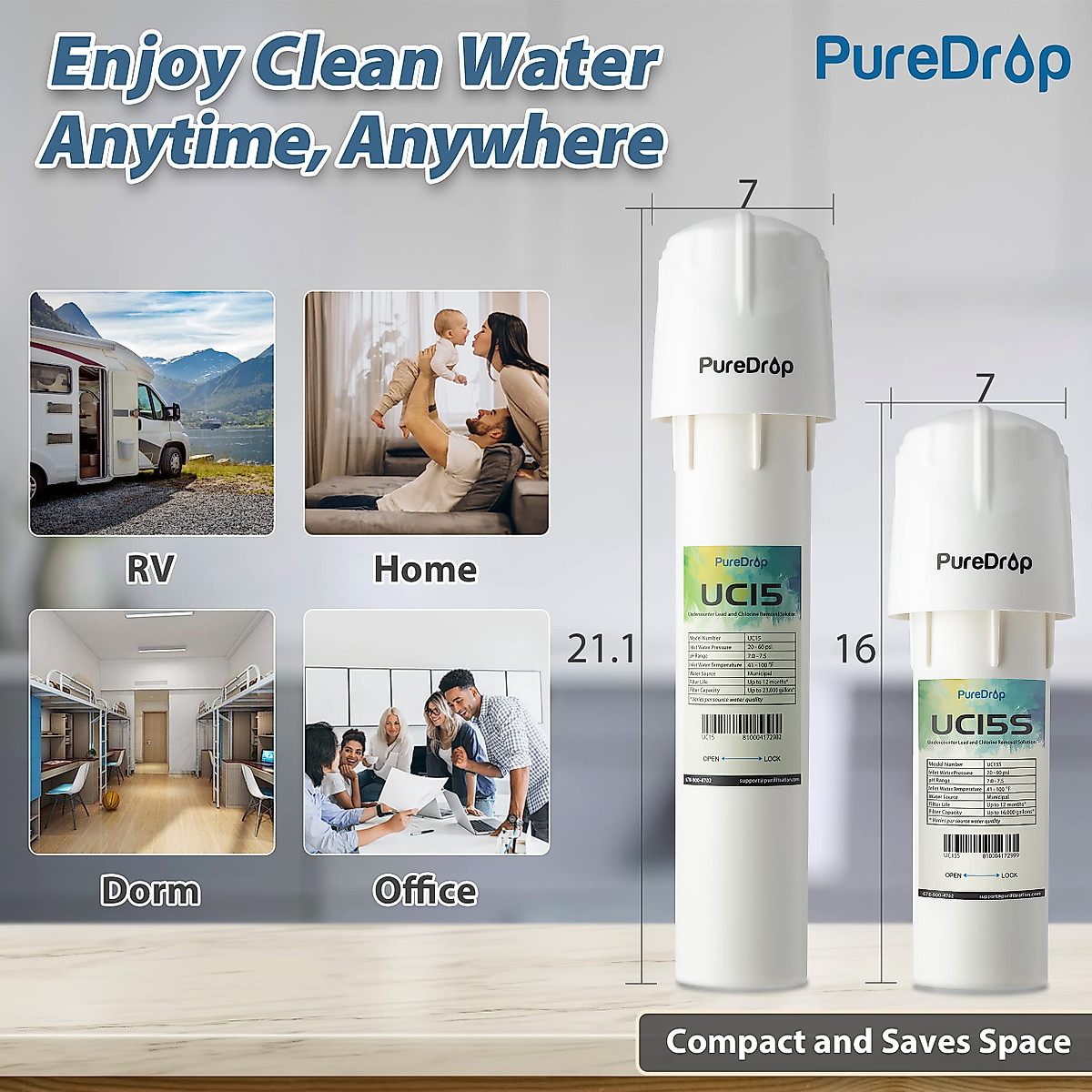 PureDrop UC15S Under Sink Water Filter, 16K Gallons Capacity Water Filtration System, Direct Connect to Kitchen Sink Faucet, Drinking Water Filter Reduces Chlorine