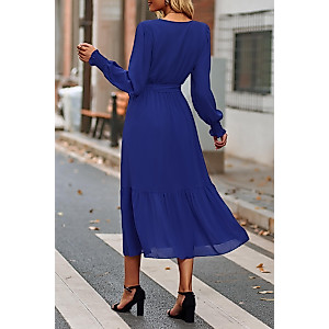 PRETTYGARDEN Women's Floral Print Boho Dress Long Sleeve Wrap V Neck Ruffle Belted A-Line Flowy Maxi Dresses (Solid Blue,Large)