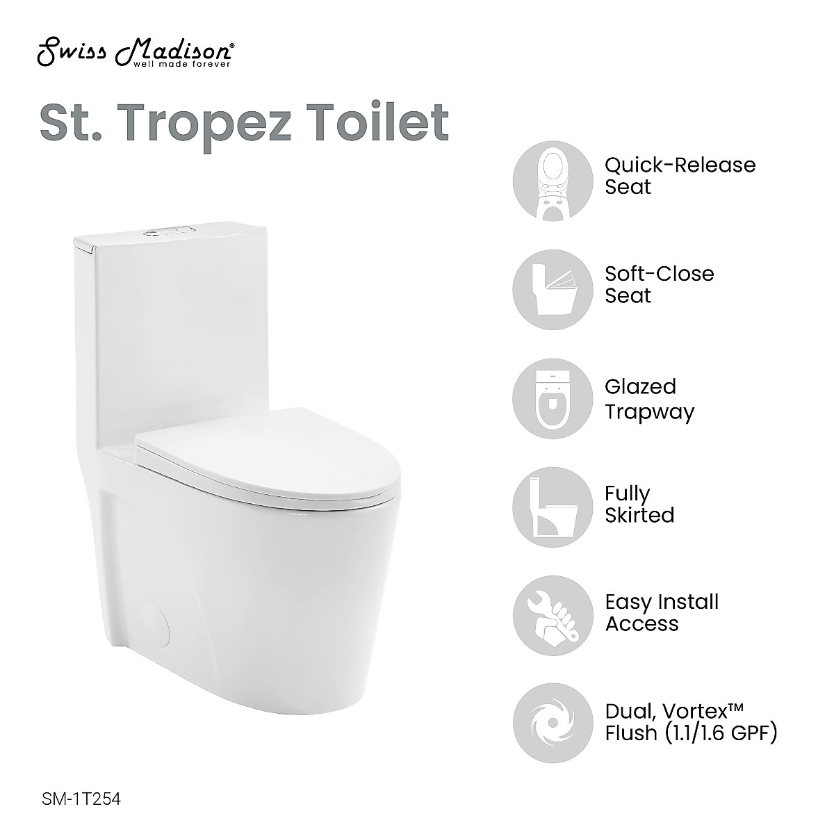 Swiss Madison Well Made Forever SM-1T254 St. Tropez One Piece Toilet, 26.6 x 15 x 31 inches, Glossy White