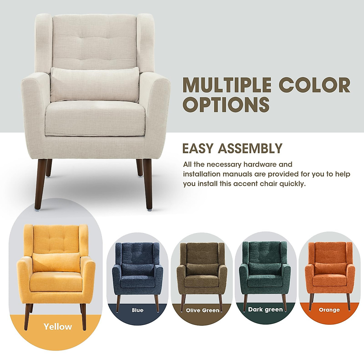 cinkehome Accent Chairs Set of 2 for Living Room, Chenille Upholstered Mordern Armchair, Comfy Soft Padded Lounge Reading Arm Chair in Small Space, Bedroom, Pillow, Solid Wood Leg, Beige