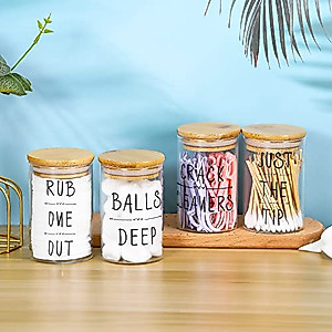 4 Pack Qtip Holder, 10 oz Bathroom Organization with Bamboo Lids, Clear Glass Farmhouse Qtip Holder for Bathroom Vanity, Great for Cotton Swabs, Cotton Ball, Floss, Bathroom Decor