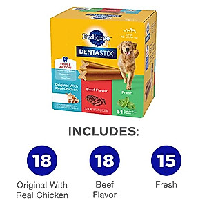 PEDIGREE DENTASTIX Large Dog Dental Care Treats Original, Beef & Fresh Variety Pack, 2.73 lb.Pack (51 Treats)