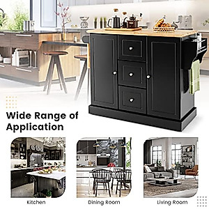 Giantex Mobile Kitchen Island, Large Kitchen Cart on Hidden Wheels, Rubber Wood Countertop, 3 Deep Drawers, 2 Enclosed Storage Cabinets with Adjustable Shelves, Side Towel Bar and Spice Rack, Black