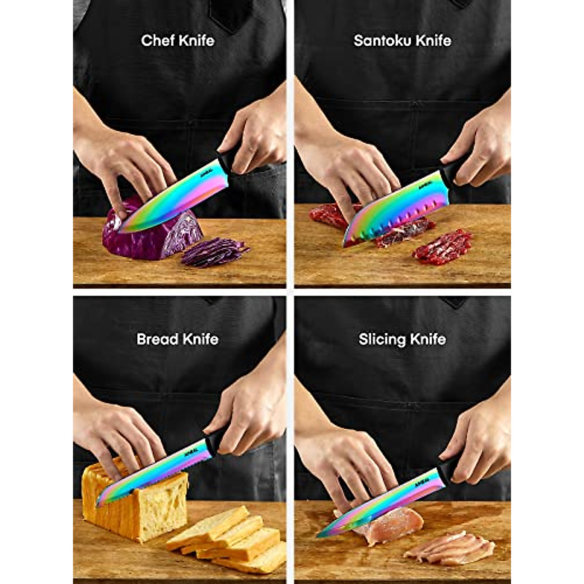 Aiheal Knife Set, 16 Pieces High Carbon Stainless Steel Rainbow Color Kitchen Knife Set, Titanium Coating Blade, No Rust and Super Sharp Cutlery Knife Set with Acrylic Stand and Kitchen Scissors, Gift