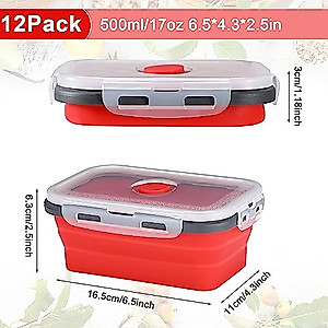Mifoci 12 Pack Collapsible Bowls Bulk with Leak Proof Lids 17oz Rectangle Silicone Food Storage Containers Stack Food Container for Camping Kitchen, Microwave Dishwasher Freezer Safe (Grey Edge Red)