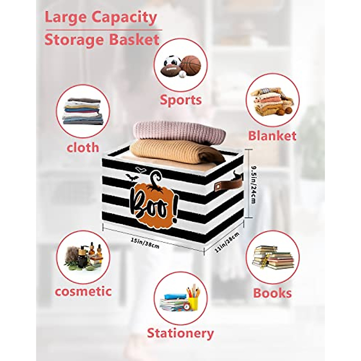 Halloween Storage Basket Waterproof Cube Storage Bin Organizer with Handles, Orange Pumpkin Bat Black White Striped Collapsible Storage Cubes Bins for Clothes Books Toys 15"x11"x9.5"