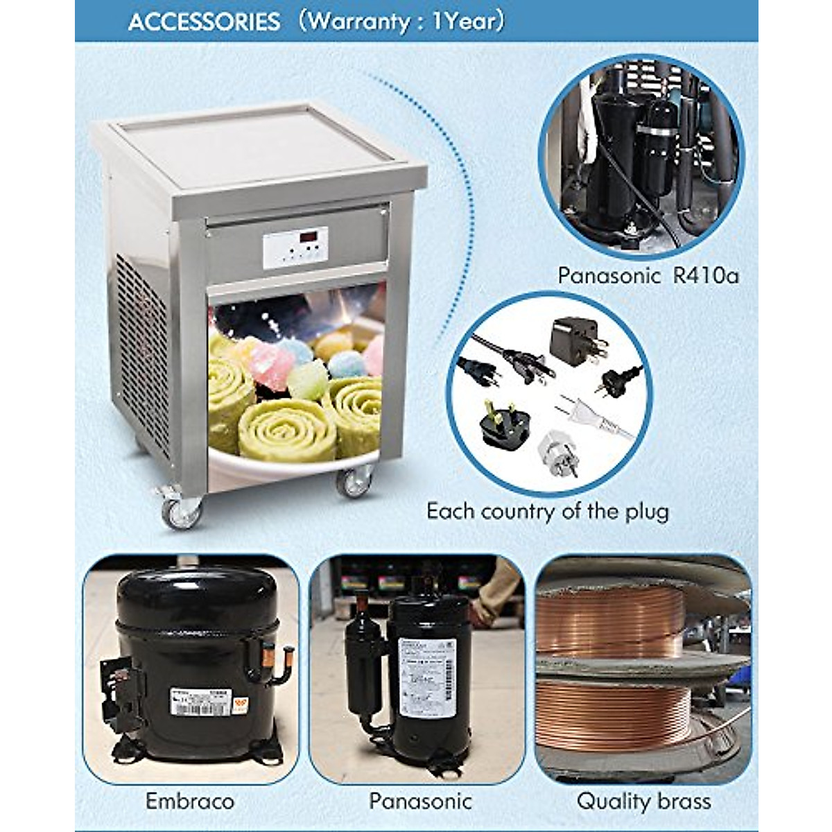 Kolice Commercial ETL NSF UL certificated 21"x21"(52x52cm ) single square ice pan fried ice cream machine, frozen yogurt roll ice cream machine, fry ice cream roll machine-auto defrost, smart AI temperature control