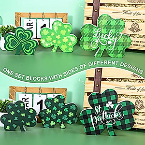 Whaline 3Pcs St. Patrick's Day Wooden Signs Green Plaid Shamrock Table Ornament Lucky Clover Double-Side Print Table Centerpieces Irish Holiday Table Centerpieces for Home Fireplace Tiered Tray Decor