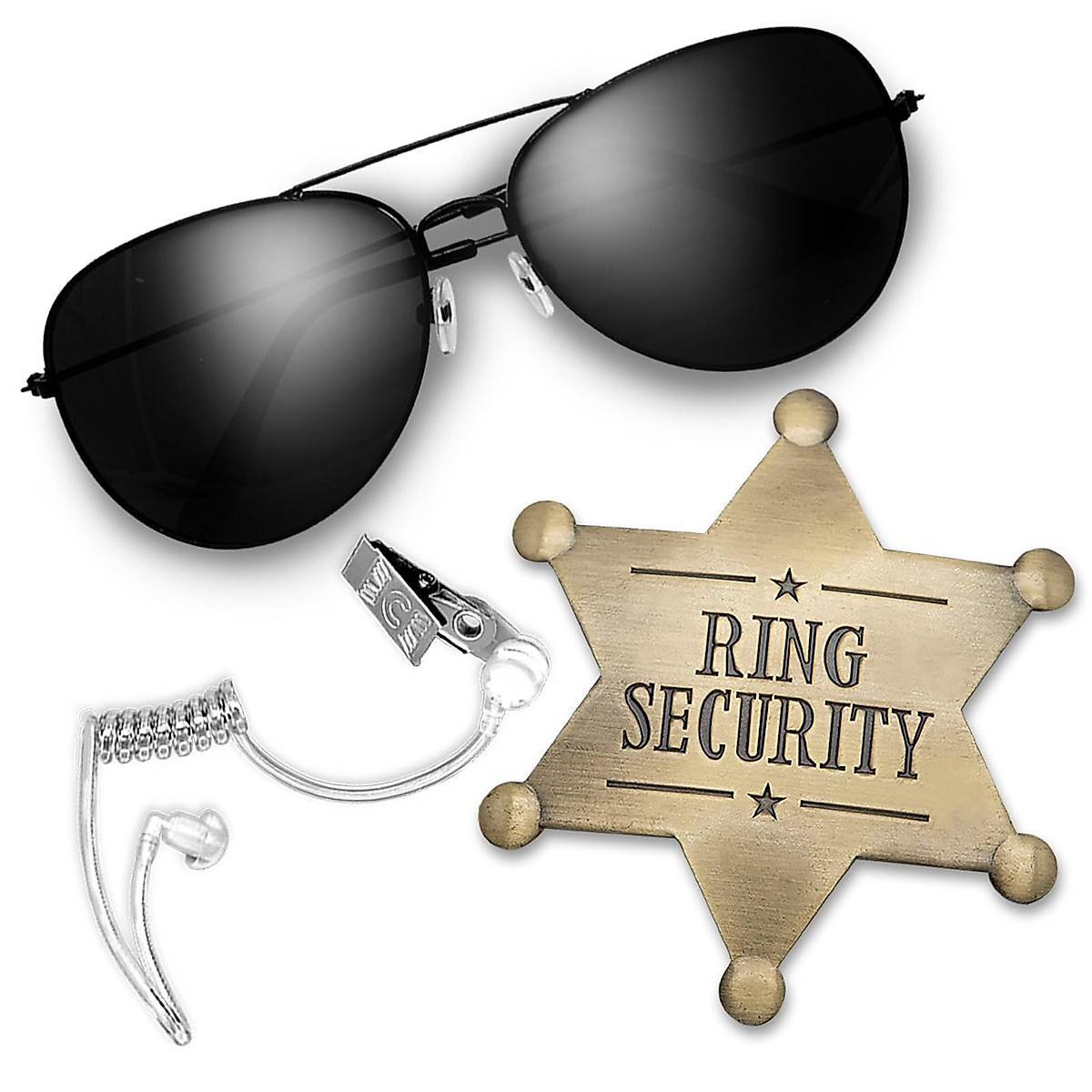 Huwane Ring Security Wedding Ring Bearer Gifts Secret Service Cosplay Set Police Spy FBI Toys Accessory, Include Acoustic Earpiece Tube Headsets, Ring Bearer Sunglasses, Ring Security Badges (1)