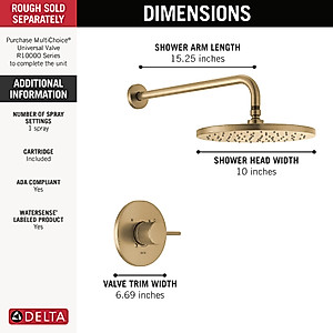 Delta Faucet Modern Raincan Round Single-Function Shower Valve Trim Kit Gold, Shower Faucet Set, Rainfall Shower Head Gold, Delta Shower Kit, Champagne Bronze T14269-CZ-PP (Valve Not Included)