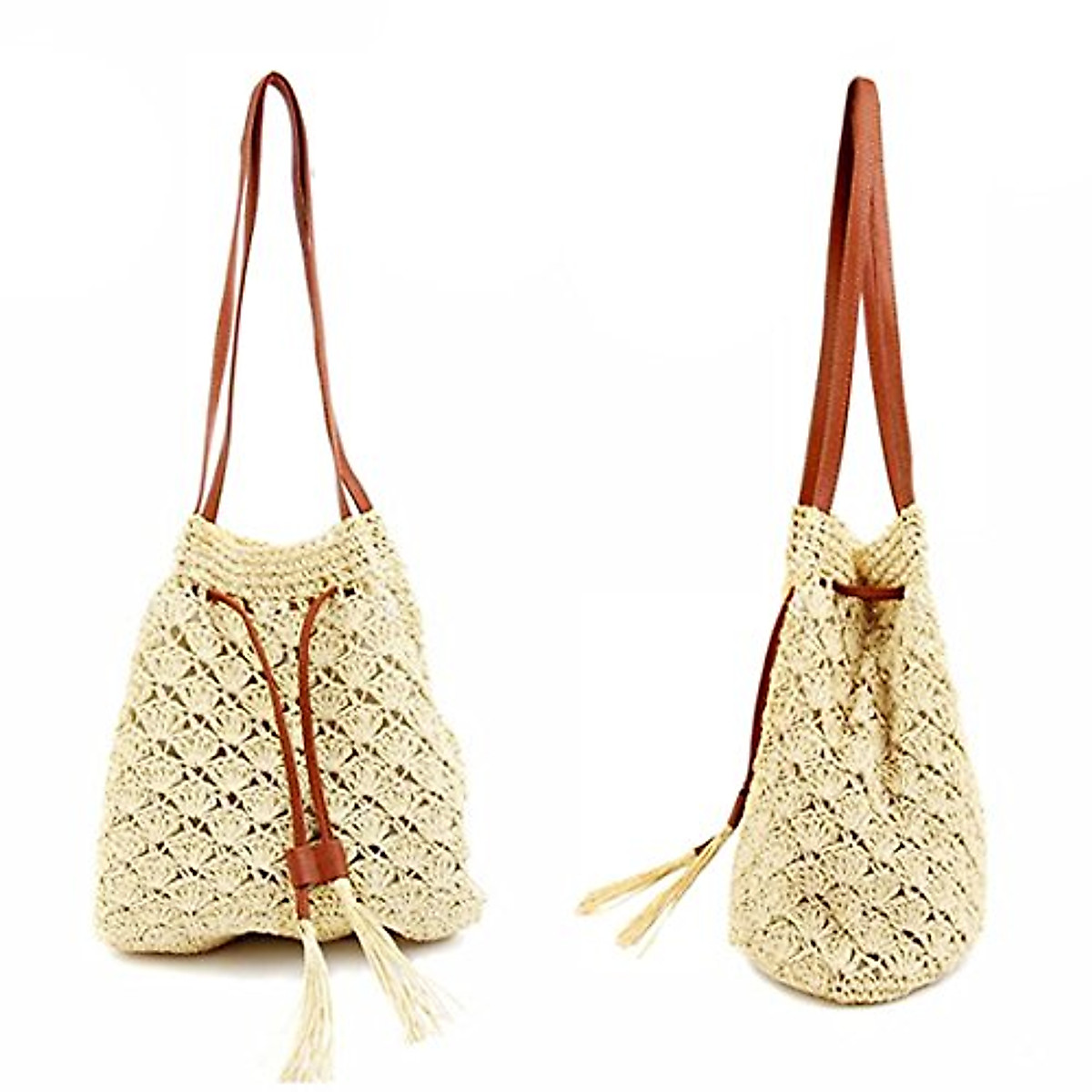 CLARA Women Summer Beach Bag Straw Weave Bucket Bag Drawstring Shoulder Bag Tote Bag Handbag Purse(Beige)