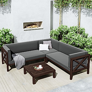 EMKK 4 Pcs Outdoor Furniture Sectional PE Rattan Wicker Patio Conversation Cushions and Table X-Back Sofa Set, Lshaped Brown+Gray