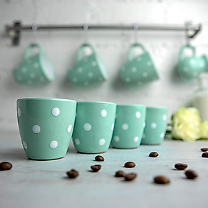 City to Cottage Handmade Teal Blue and White Polka Dot Ceramic 2oz/60ml | Espresso Cup Set of 4, Unique Designer Pottery for Coffee Lovers
