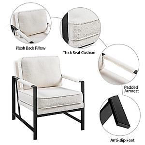 Yaheetech Teddy Boucle Fabric Armchair, Retro Leisure Accent Chair with Extra Soft Padded and Cushion, Modern Reading Arm Chair with Black Metal Frame for Living Room/Office/Bedroom/Study, Ivory, 2PC