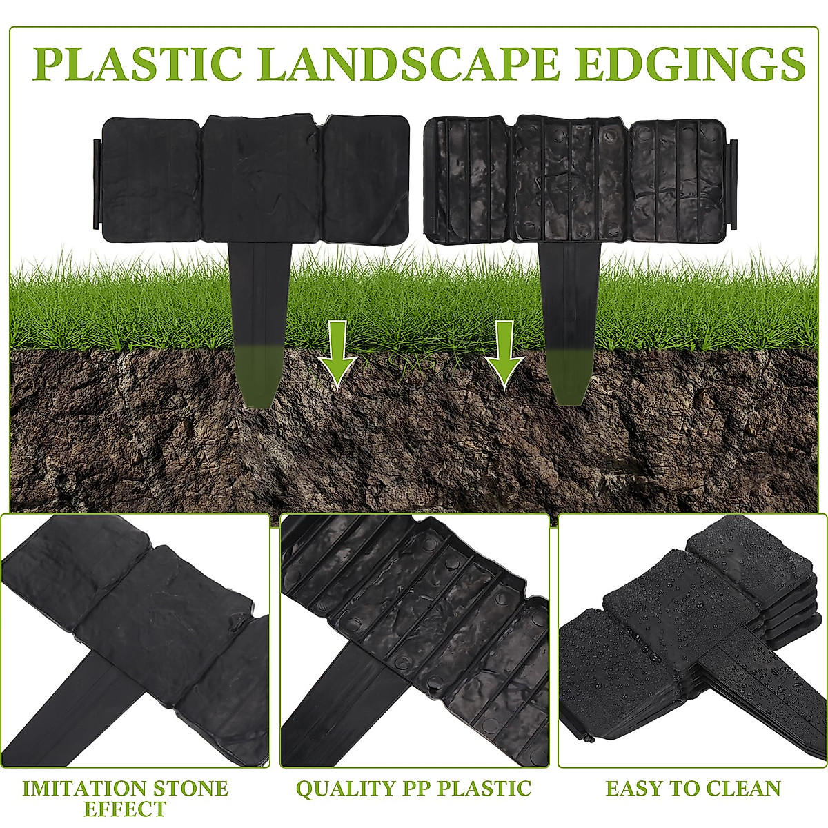 Geetery 50 Pcs Landscape Edging Border Garden Edging Borders Plastic No Dig Landscape Edging Black Stone Effect Fence Flower Bed Decorative Lawn Borders for DIY Outdoor Patio Balcony Yard Walkway