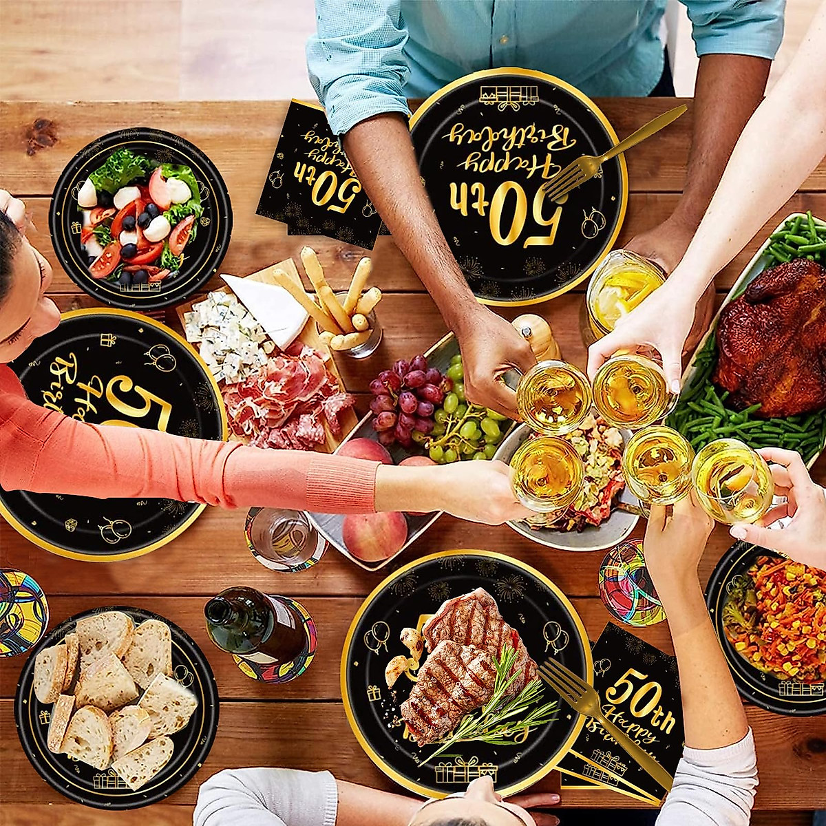 Lousuip 120Pcs 50th Birthday Party Supplies Plates Napkins Cups Forks Tableware Set Gold Black Happy 50th Birthday Themed Disposable Tableware Decoration Serves 24 Guests for Women and Men