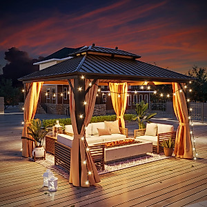 GAZEBEST 10' X 12' Permanent Hardtop Gazebo, Outdoor Galvanized Steel Double Roof Pavilion Pergola Canopy with Aluminum Frame and Privacy Curtains for Garden Patio,Patio Backyard,Deck and Lawns