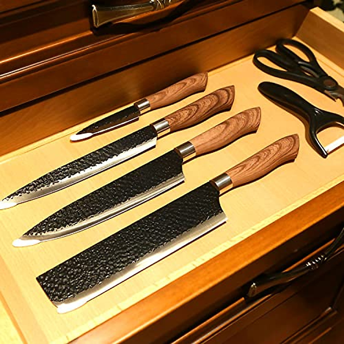 Vivid Cookware Stainless Steel Knives Set, 6 Pcs High Carbon Non Stick Large Blade Knife Block Set | 8" Chef Knife - 8" Carving knife - 8" Small Cleaver - 3.5" Paring Knife - Scissors - Ceramic Peeler