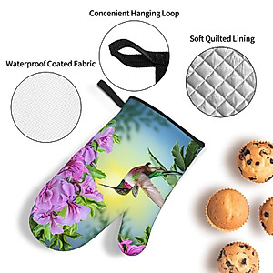Mount Hour 4-Piece Set Oven Mitts and Potholders, Spring Bird Hummingbird Summer Purple Flower Floral Baking Glove and Pot Holder for Cooking BBQ