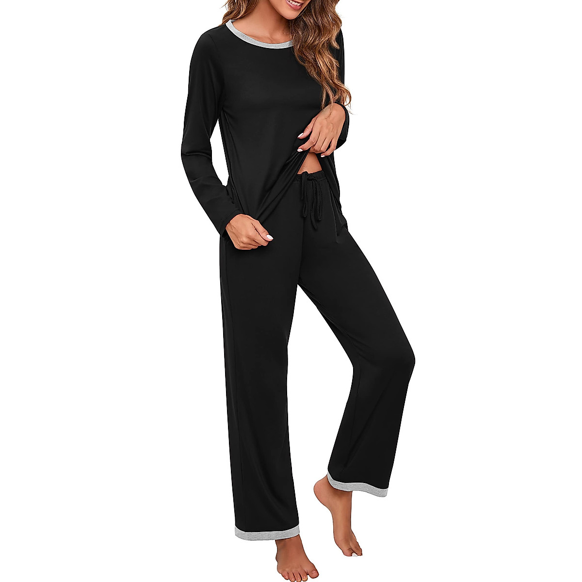 PrinStory 2025 Women's Pajama Set Long Sleeve Sleepwear Ladies Soft Pjs Lounge Set Black-L