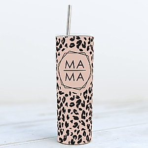 YouNique Designs Leopard Mama Coffee Tumbler with Straw and Lid, 20 Oz, Insulated Stainless Steel Skinny Tumbler for Women, Cheetah Print Mom Tea Tumbler, Mom Life Water Tumbler Cup