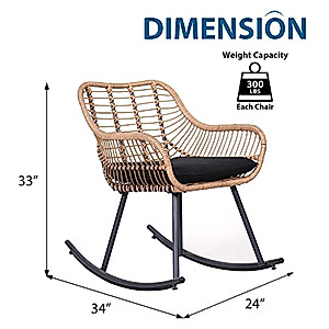 JOIVI 2 Piece Patio Wicker Rocking Chairs, Outdoor Rattan Rocking Chairs Set with Cushions, Front Porch Rocker with Iron Frame, Patio Lawn Garden Furniture