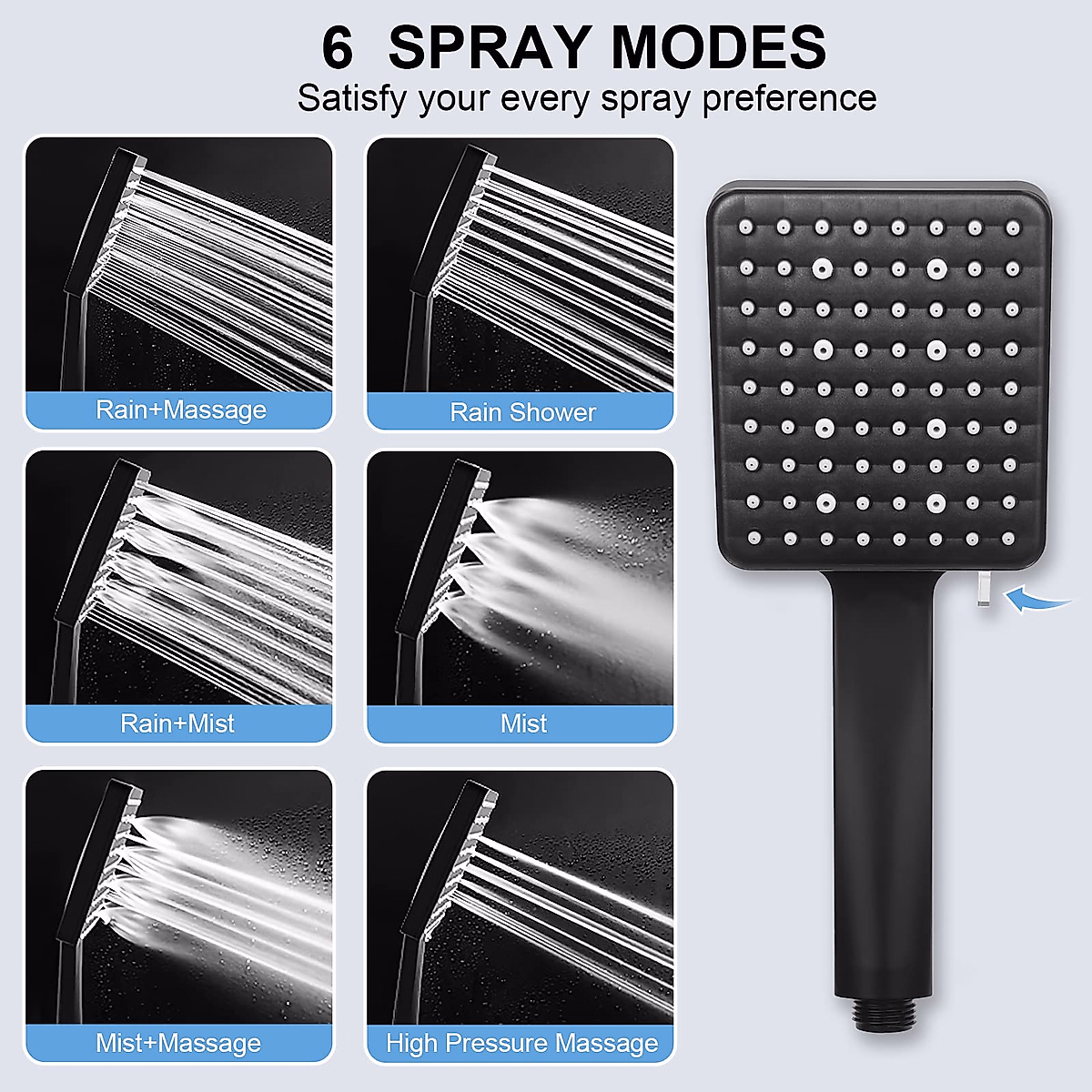 Handheld,Rain Black Square shower head with Hose,High Pressure 6 Spray Settings Rainfall Detachable shower heads Set with 59" Stainless Steel Hose/Bracket/Shower Loofahs/Tape
