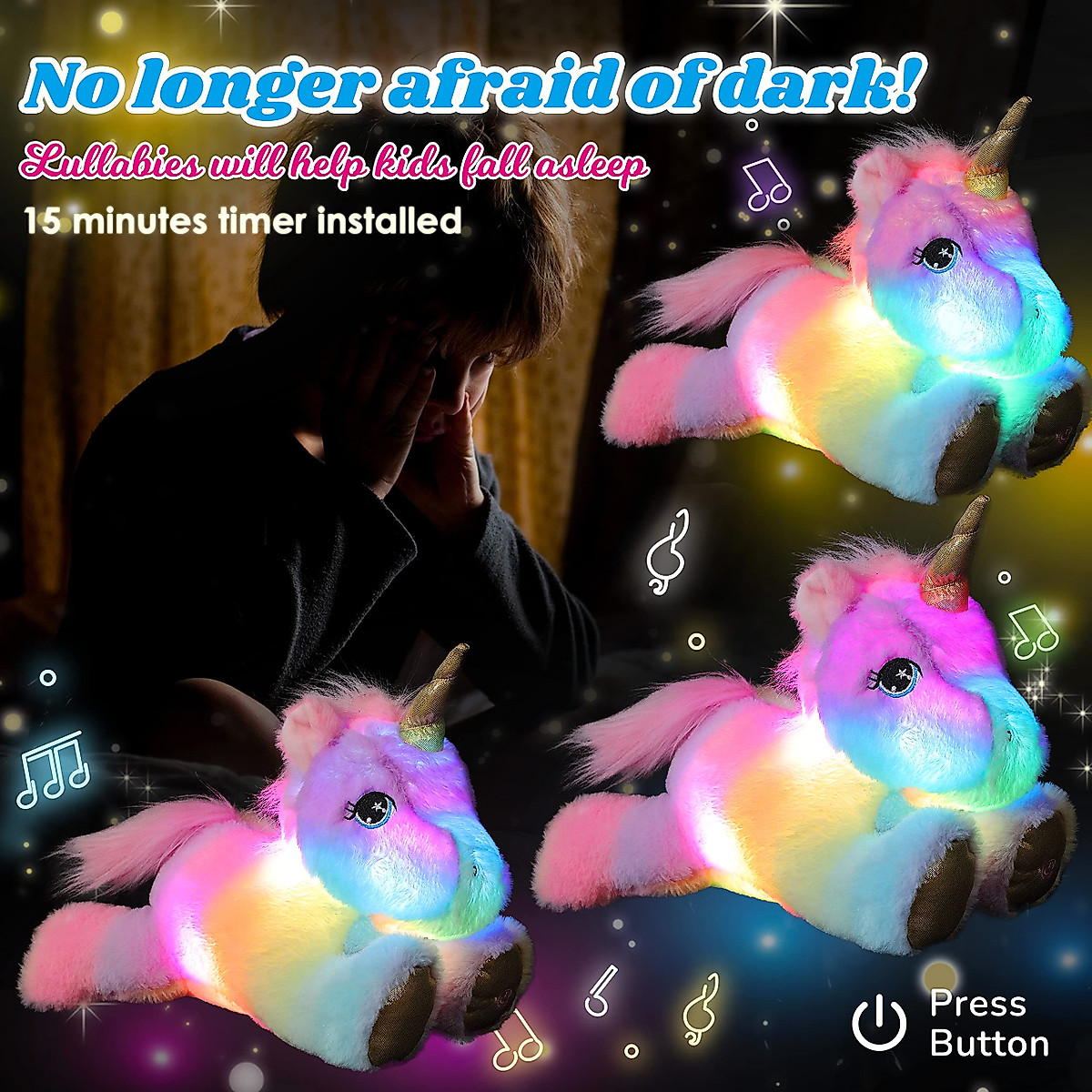 Cuteoy Musical Plush Unicorn Stuffed Animal Glowing LED Light-up Nightlight Toys Singing Lullabies Birthday Christmas Plushies Gifts for Kids Boys Girls,13"