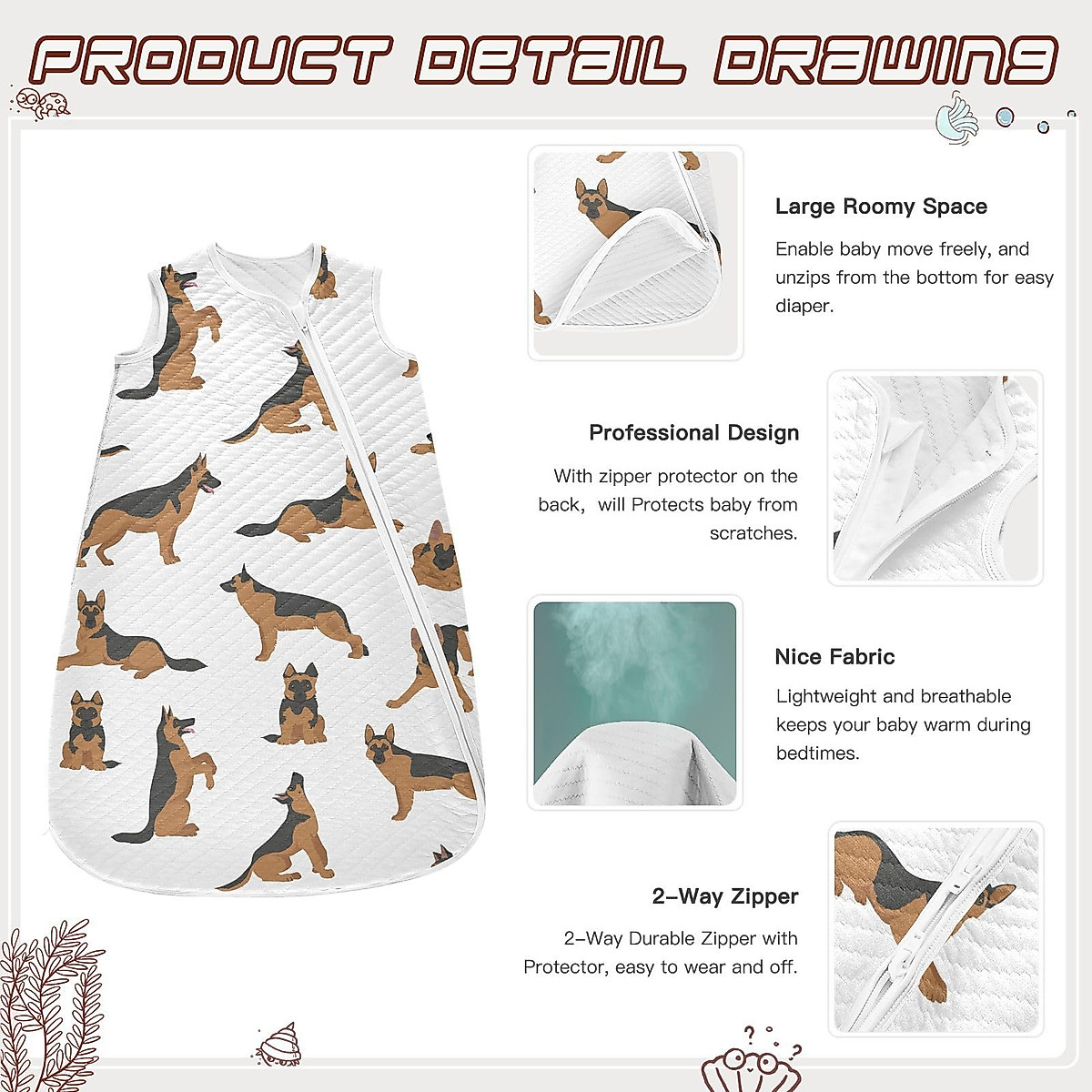 German Shepherd Dogs Baby Sleeping Bag,Baby Wearable Blanket,Toddler Sleep Sack,Sleep Suit for Infant Newborn Babies 0-6 Months