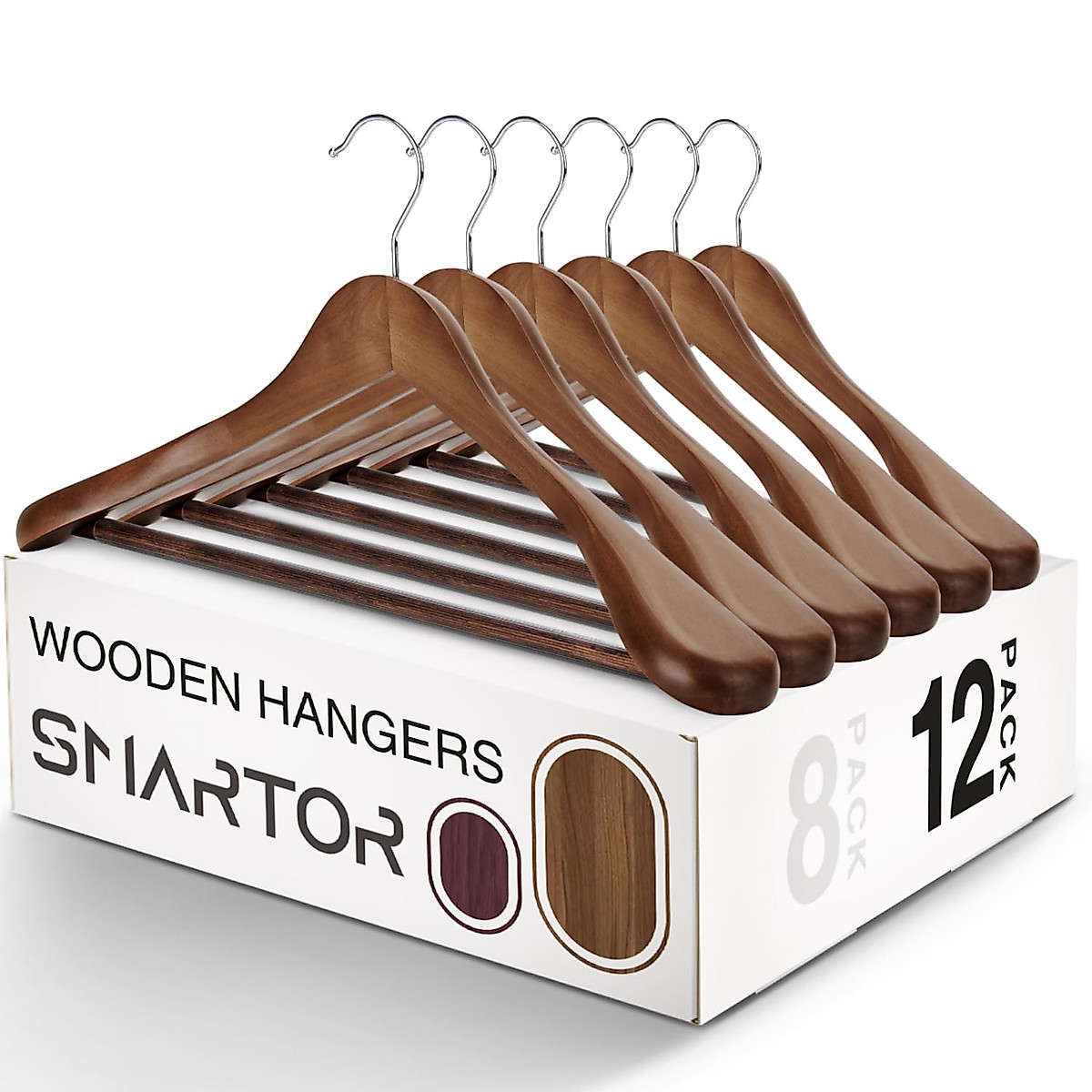SMARTOR Suit Hangers for Men 12 Pack, Wide Shoulder Wooden Suit Hangers with Non Slip Pants Holder, Wide Hangers for Suit, Coat, Jacket, Gown, Heavy Duty Wood Suit Hanger (Walnut)
