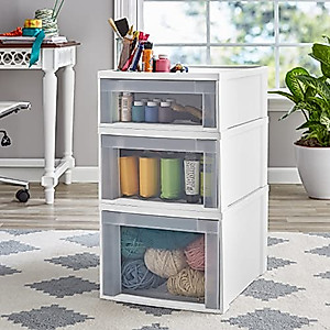 Starplast Large Stacking Drawer Unit: 1 Multiuse Plastic Storage Bin with Transparent Clear Pull-Out Stackable Drawer, 19.8 x 15.5 x 11.5 Inch 2 Colors