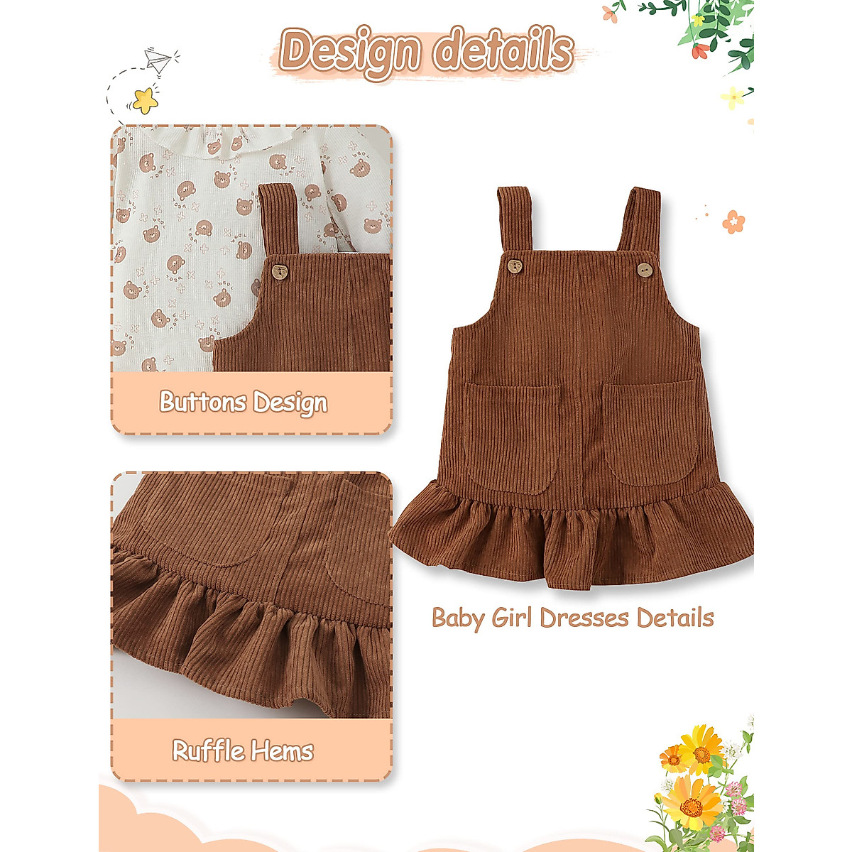 YENTAKE Newborn Baby Girl Dresses Clothes Long Sleeve Ruffle Romper Infant Suspender Skirt Set Baby Overall Fall Outfits (Brown, 12-18M)