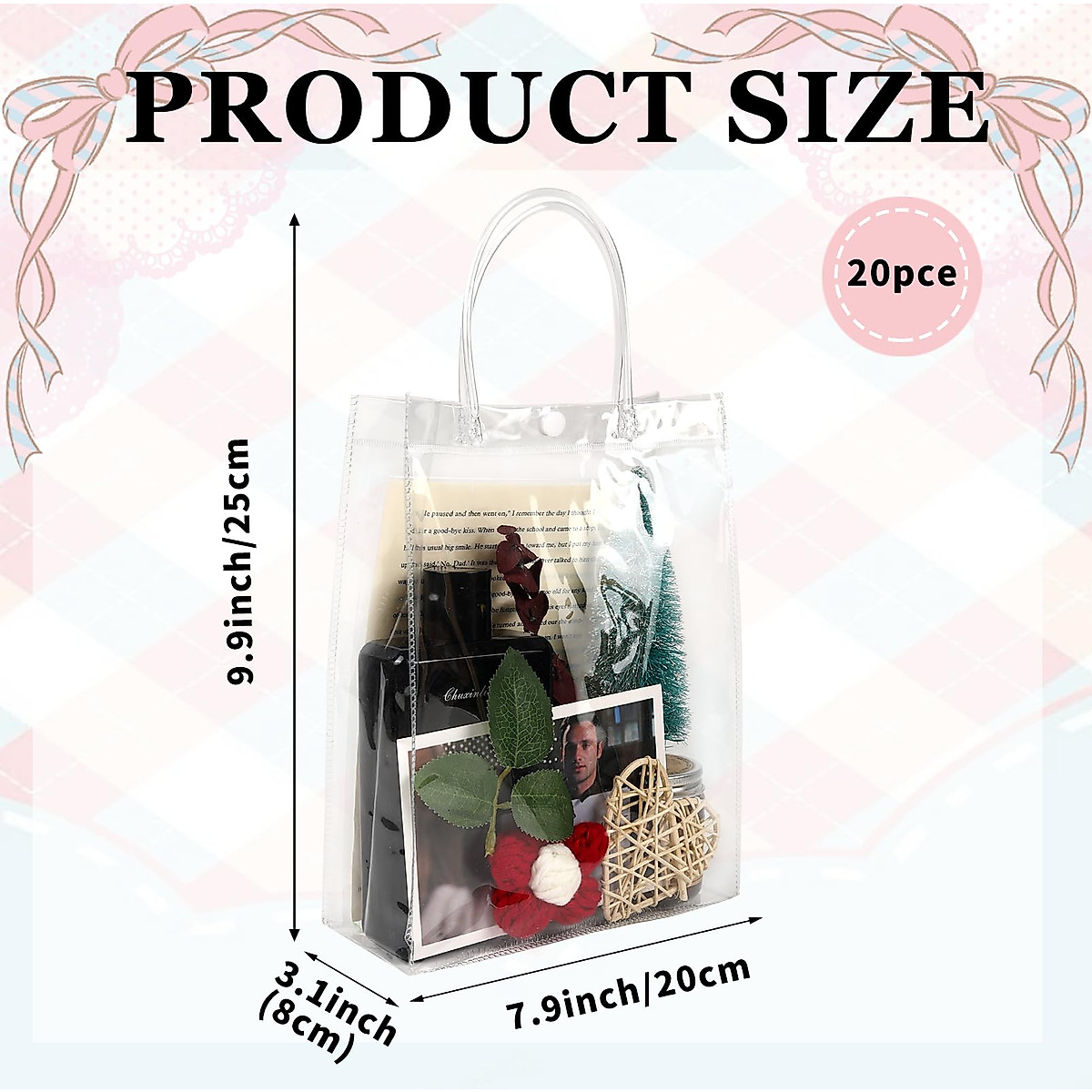 zandfelo 20 Pcs Clear Gift Bags with Handle, Clear Goodie Bags Plastic Gift Bags, Reusable Transparent PVC Gift Wrap Tote Bag for Gift Wrapping (clear, 8x10x3.2)