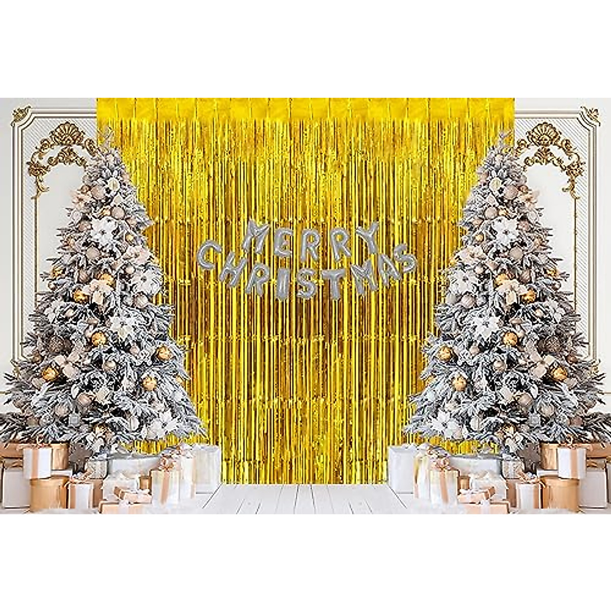 MEHOFOND 2 Pack 3.3x6.6 ft Gold Tinsel 2025 New Year Eve Streamers Party Decorations Foil Fringe Curtain Backdrop for Birthday Wedding Bachelorette Engagement Photo Props