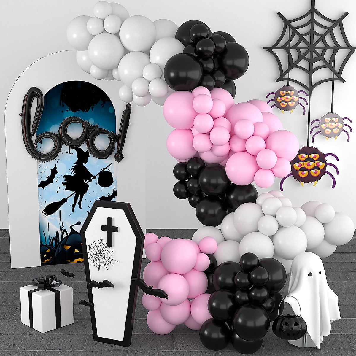 Halloween Balloon Arch Garland Kit for Girls 106Pcs Pink Black White Latex Balloons Halloween Party Decorations for Women Halloween Haunted House Party Halloween Party Supplies Indoor Outdoor