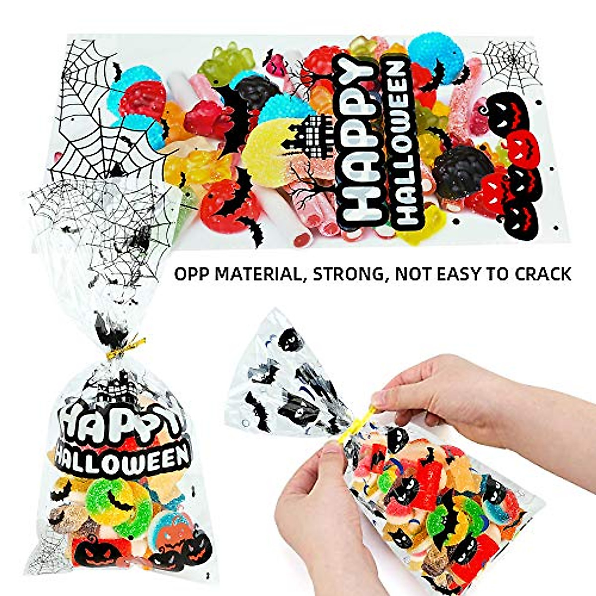 WOVTE Halloween Cellophane Bags, 150 PCS Candy Treat Bags with 150 PCS Twist Ties for Bakery Biscuit Chocolate Snacks Halloween Party Favors Homemade Craft (3 Styles)