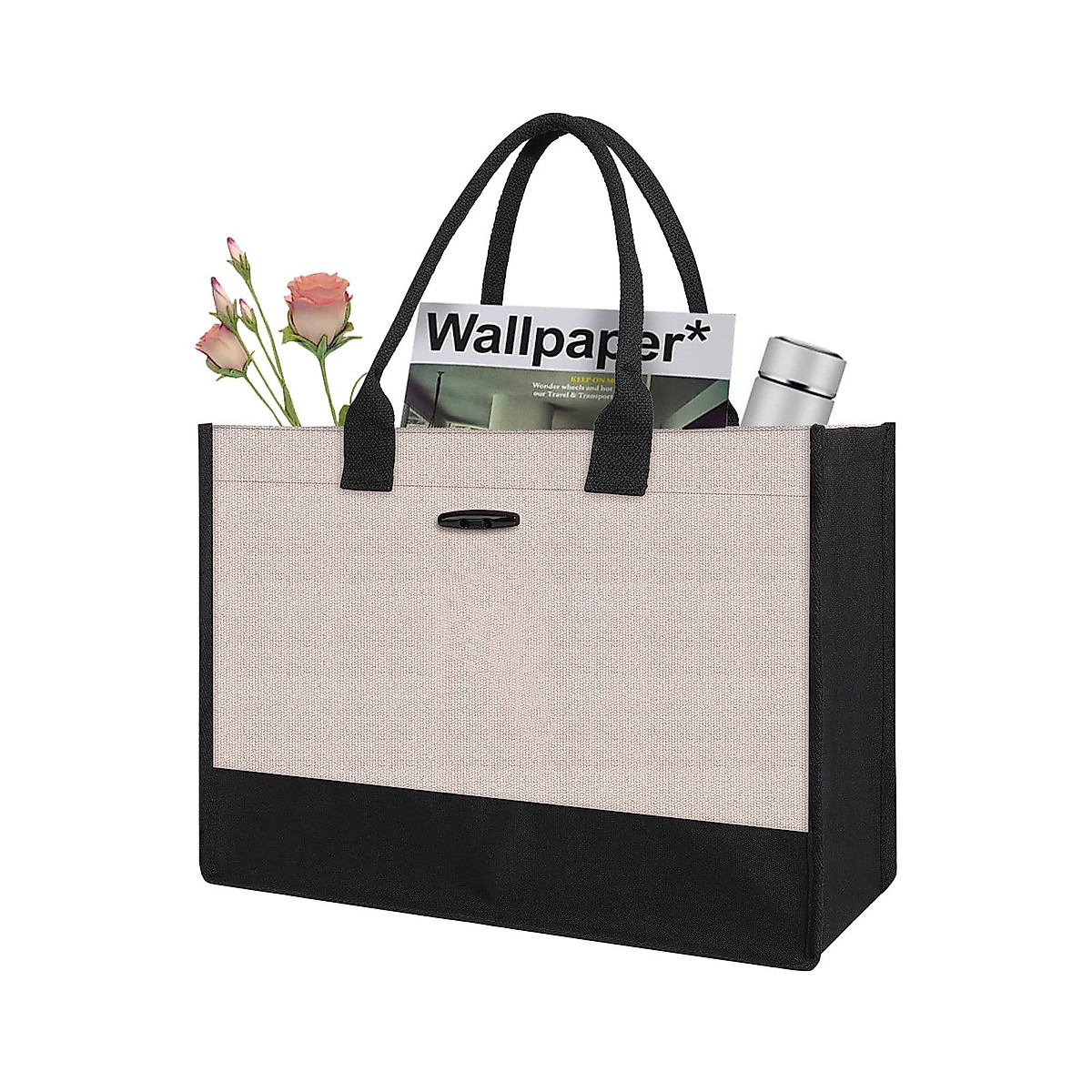 Aricsen Large Canvas Shopping Tote Bag with Handles for Women Gift Grocery Beach Holidays, Reusable Blank Clearance Eco Burlap Cloth Jute Fabric Handbag for Kitchen, Black & Gray