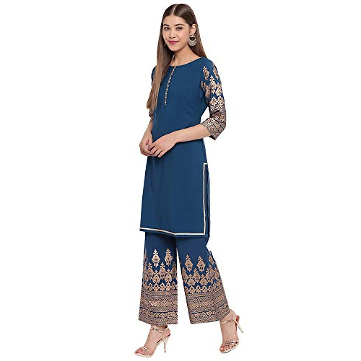 Janasya Women's Blue Foil Printed Poly Crepe Kurti With Palazzo