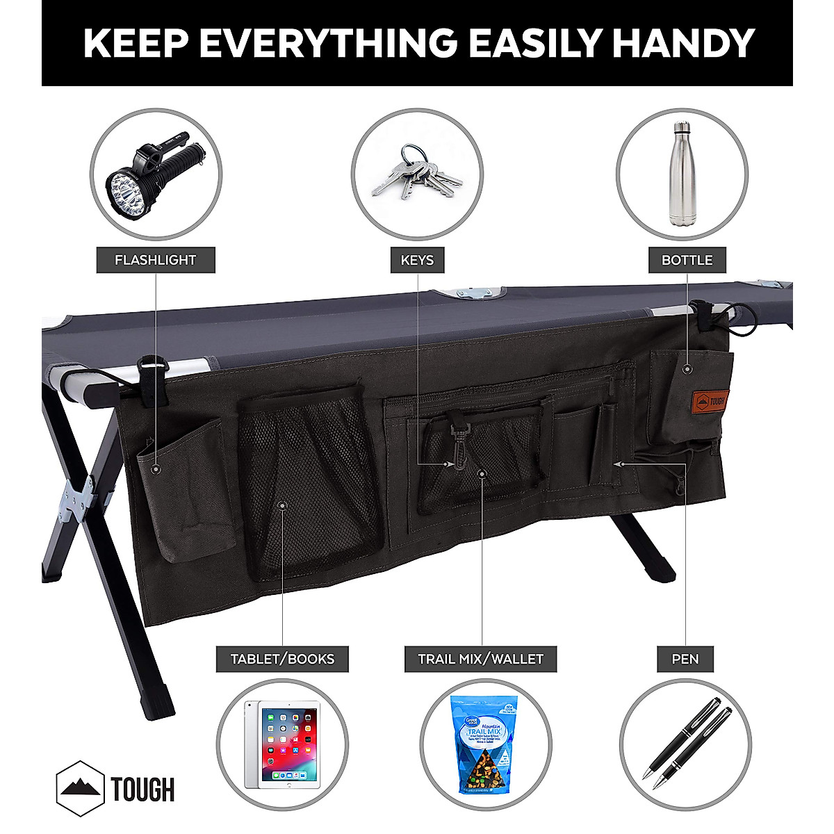 Tough Outdoors Camping Cot for Adults - Oversized Camping Cot - Durable Heavy Duty Military Bed - Elevated Foldable Cot & Camp Cots for Adults - XL Cot up to 300 lbs - w/Organizer & Storage Bag